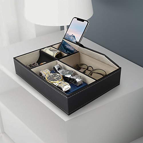 Baoyun Mens Valet Tray Organizer, Mens Jewelry Box, Nightstand Organizer with 5 Compartments, Dresser Faux Leather Storage Box for Wallet, Phone, Keys (Black)