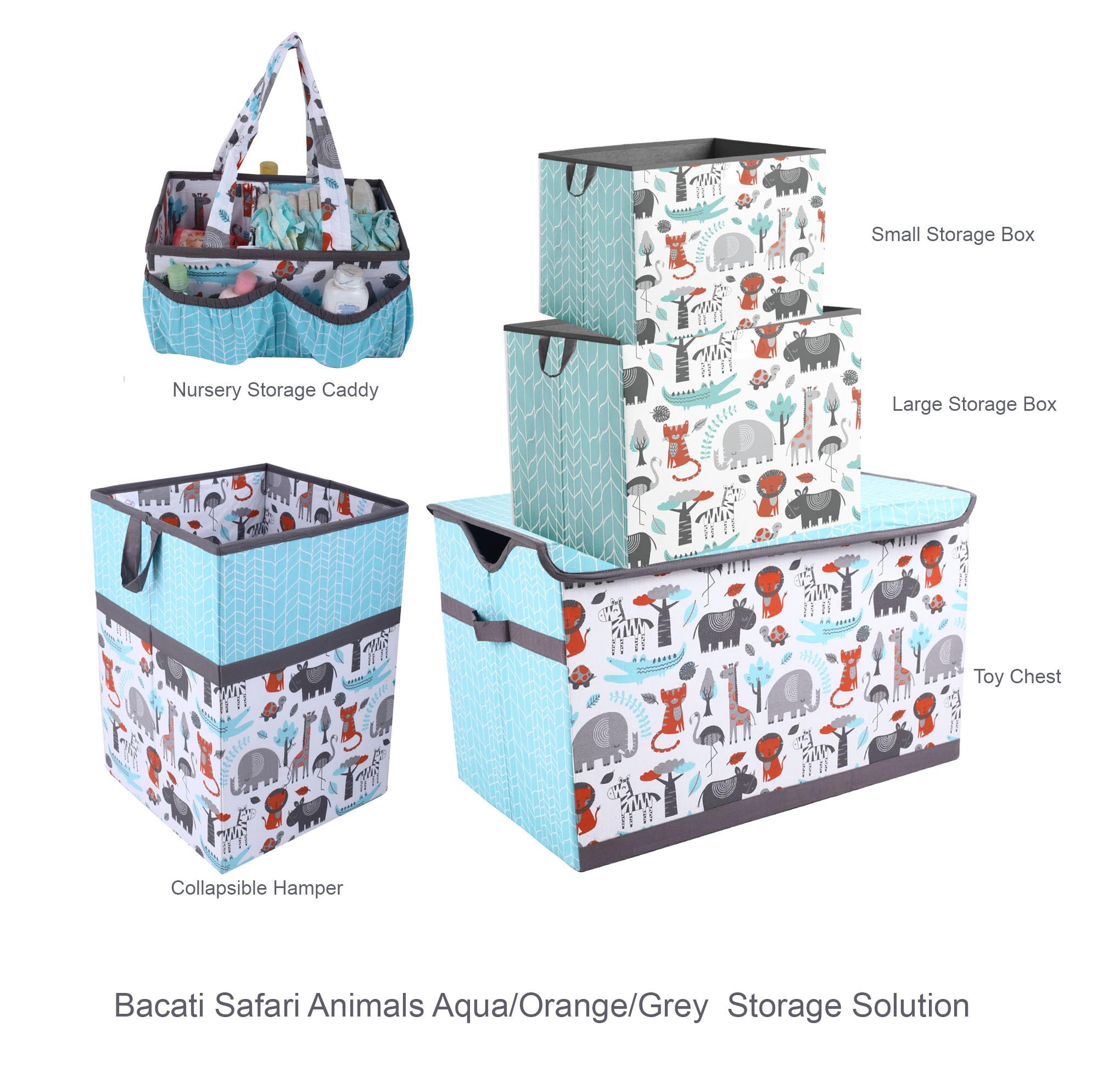 Bacati - Small Storage Tote Safari Animals Aqua/Orange/Gray Boys 10 x 10 x 10 inches