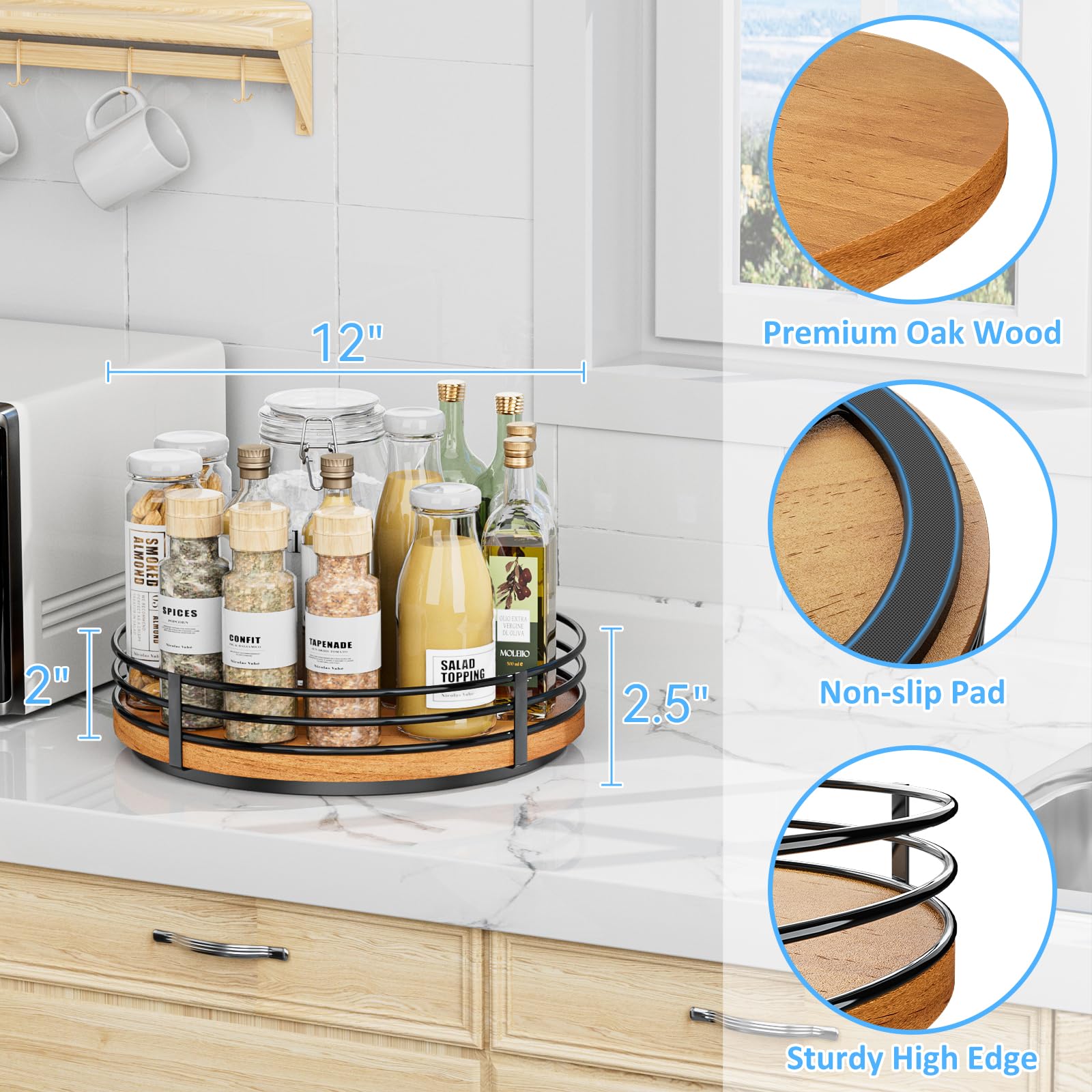 12" Lazy Susan Turntable Organizer - Oak Wood Lazy Susan for Cabinet Kitchen Countertop Dining Table Pantry Cupboard Bathroom Coffee Bar Storage Spice Rack Home Decor