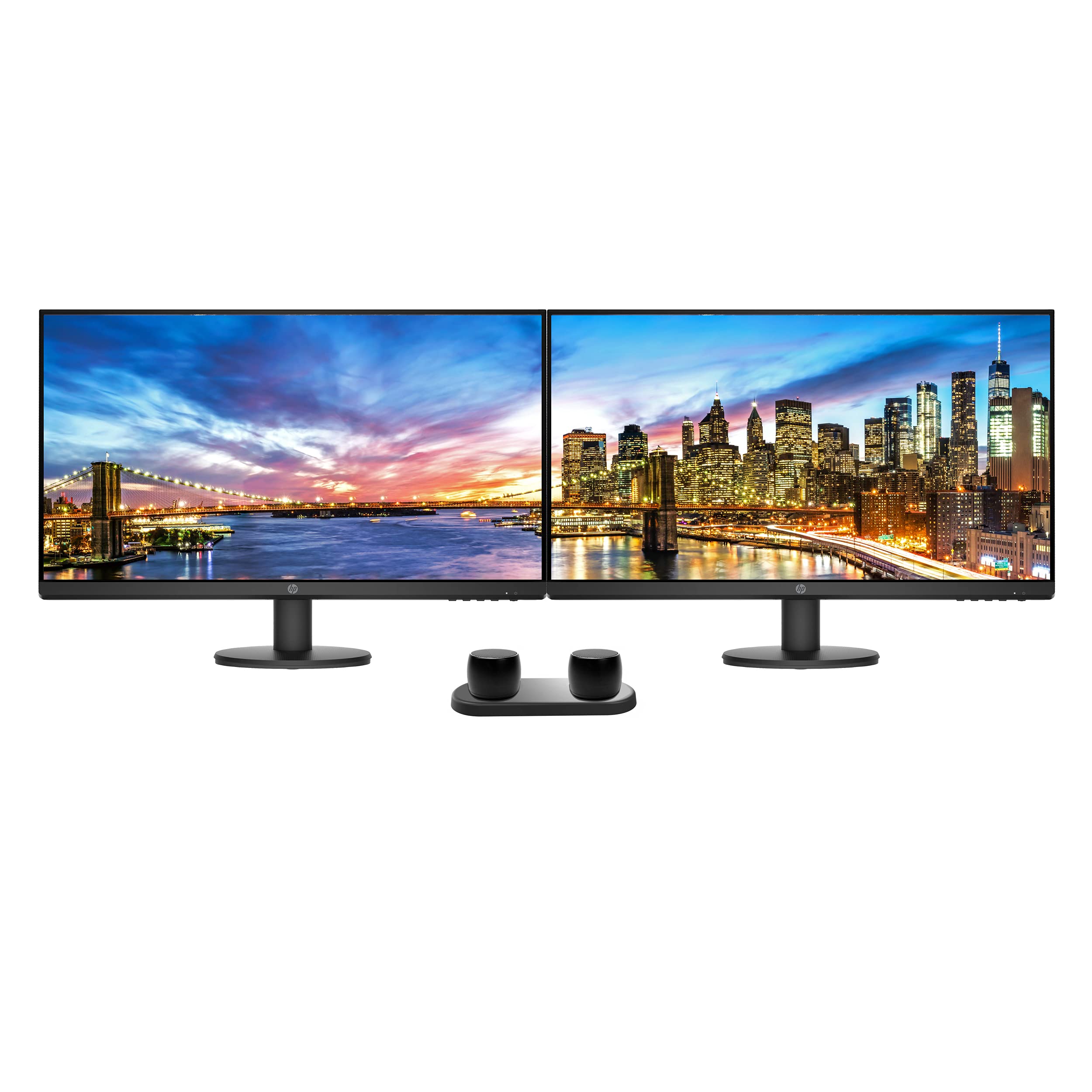 HP P27v G4 27 Inch IPS FHD 1920x1080 Monitor 2 Pack Bundle with HDMI, Low Blue Light, 2 Bluetooth Speakers for Professional Sound, Built-in Mic and Remote Shutter for Photos