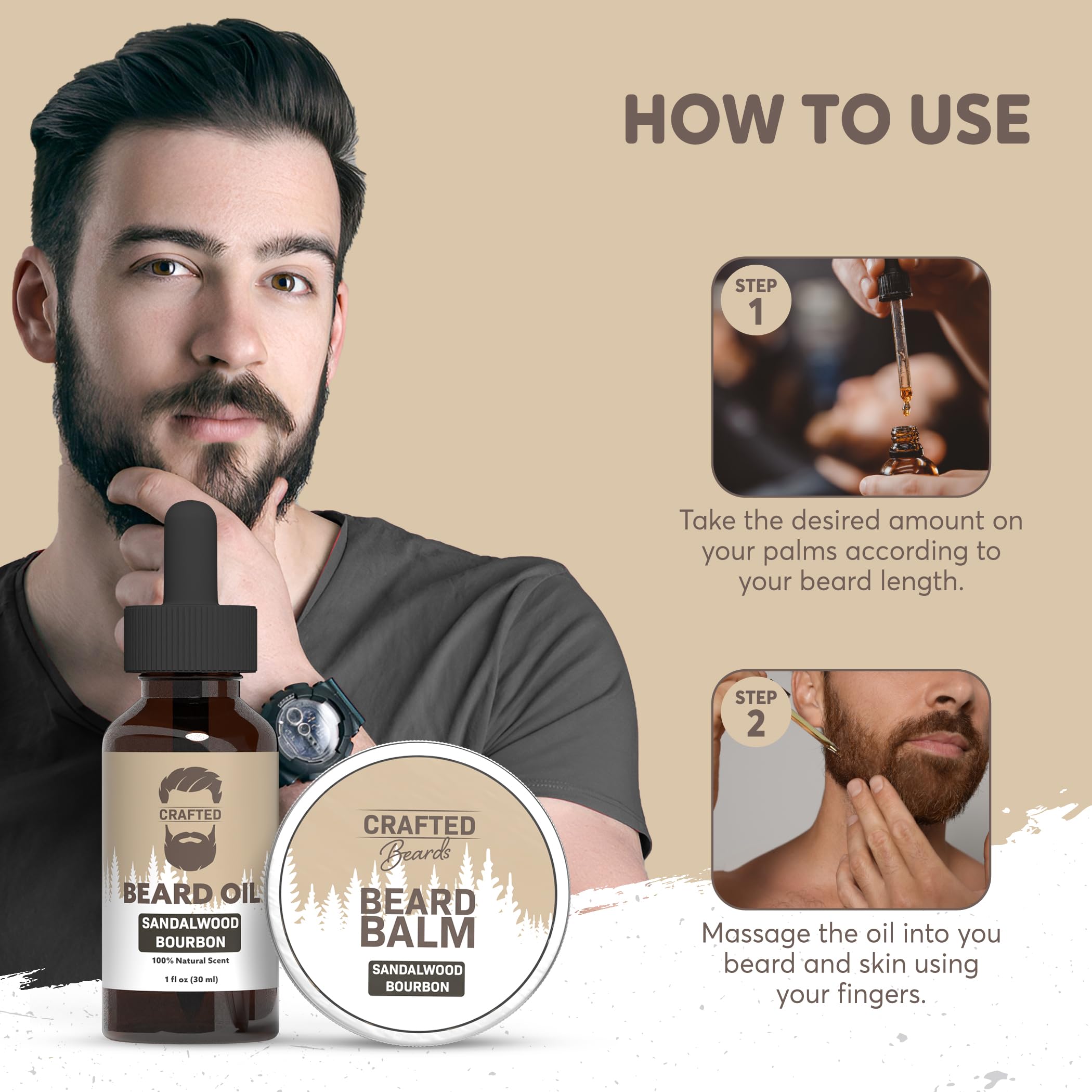 Beard Care Kit - Softer, Smoother, Moisturized Beard - Beard Oil and Balm - Gift Set (Sandalwood Bourbon)