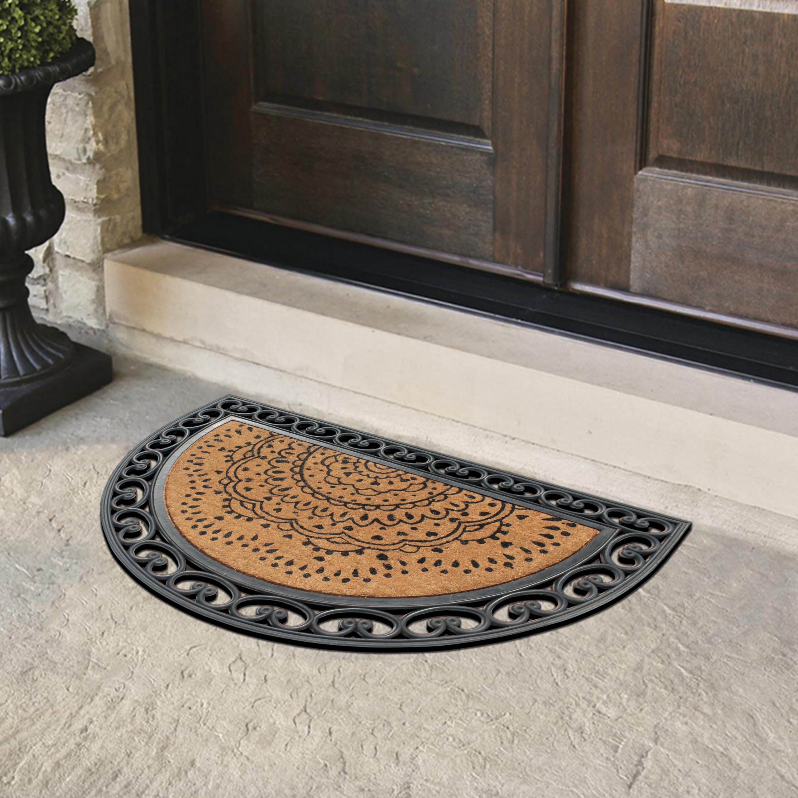 A1 Home Collections A1HOME200131 Heavy Duty Welcome Doormat A1HC Natural Coir & Rubber Round Door Mat, 30" X 48", Half Circle Paisley Black