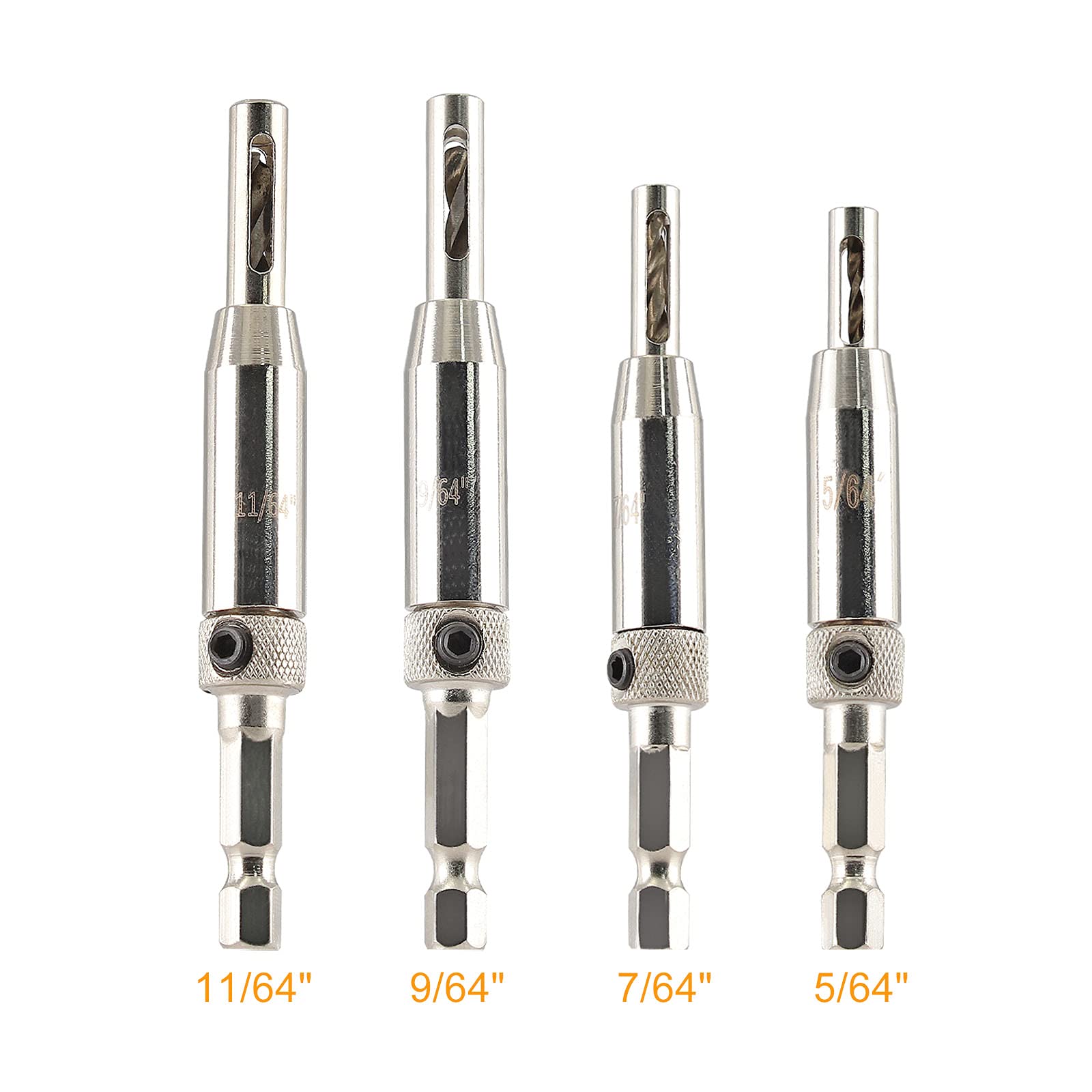 Lanzeuta 6pcs Self Centering Drill Bit Set with Automatic Center Punch & Hex Key, 1/4-Inch Hex Shank Hinge Center Drill Bit Core Hole Puncher for Woodworking, 5/64", 7/64", 9/64", 11/64"