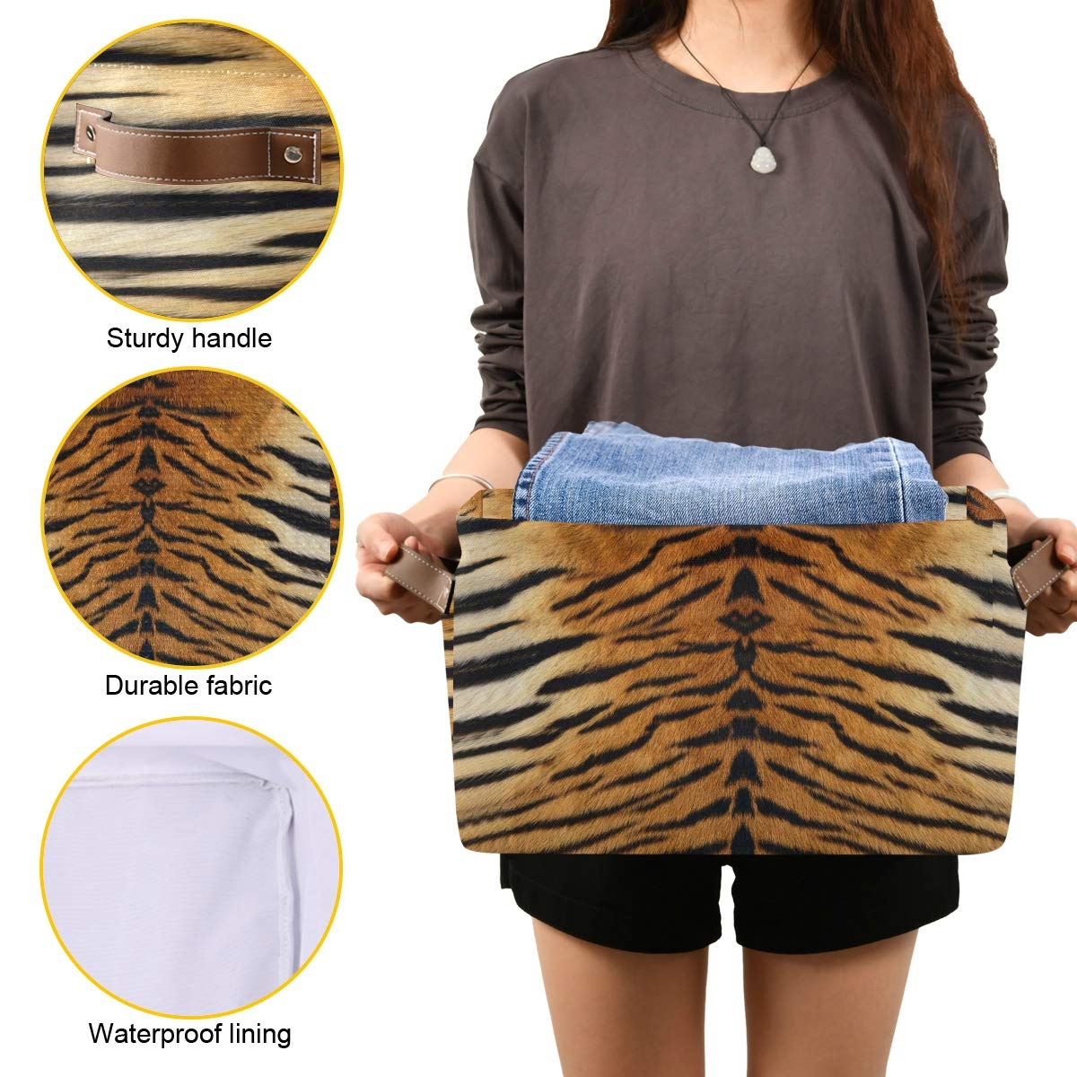 Animal Tiger Leopard Print Storage Basket Bin Large Fabric Toys Storage Cube Box with Handles Collapsible Closet Shelf Cloth Organizer Basket for Nursery Bedroom