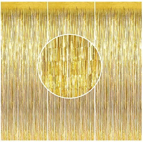 3Pcs Gold Metallic Tinsel Foil Fringe Curtains, Gold Foil Fringe Curtain Backdrop Metallic Tinsel Streamers Backdrop for Birthday Baby Shower Party Photo Booth Props Decoration