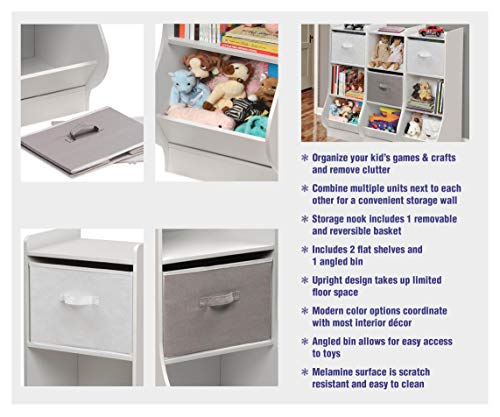 Badger Basket Upright Storage Nook with Reversible Basket, White, Melamine Surface, 2 Shelves, 1 Angled Bin, Customizable Storage Solution for Kids