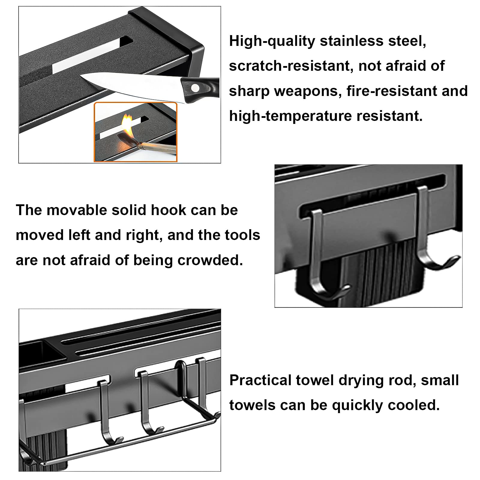 HST Kitchen Knife Holder for Wall, Stainless Steel Knife Blocker without knives,15.78 Inches Kitchen Knife Storage Organizer, Black