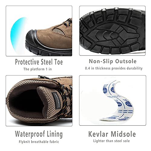 TOSAFZXY Waterproof Work Boot for Men, 6" Steel Toe and Non-Slip Safety Boot Outdoor Men Work Boot Brown Size 10