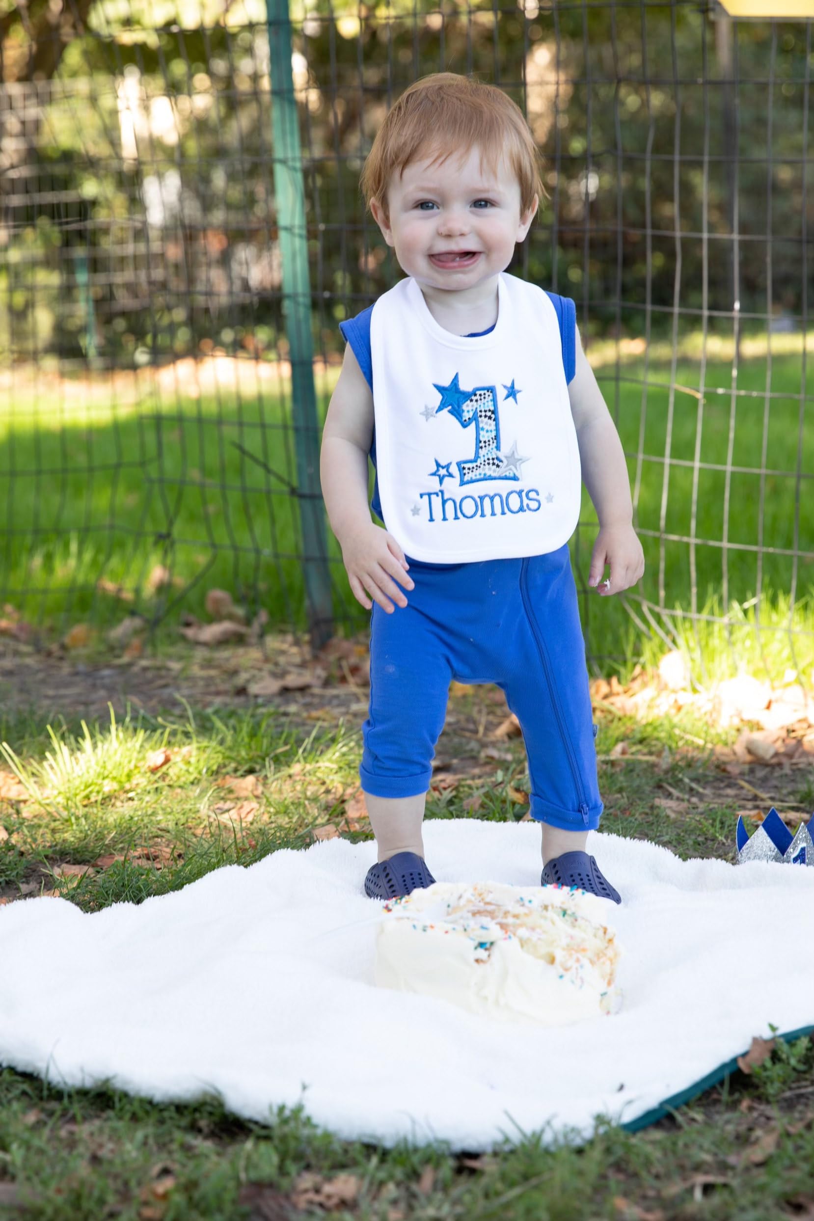 Fantasy Kids Designs First Birthday Boy Bib Smash Bib for Baby Boy Personalized with Custom Name (White Bib/Royal Blue)