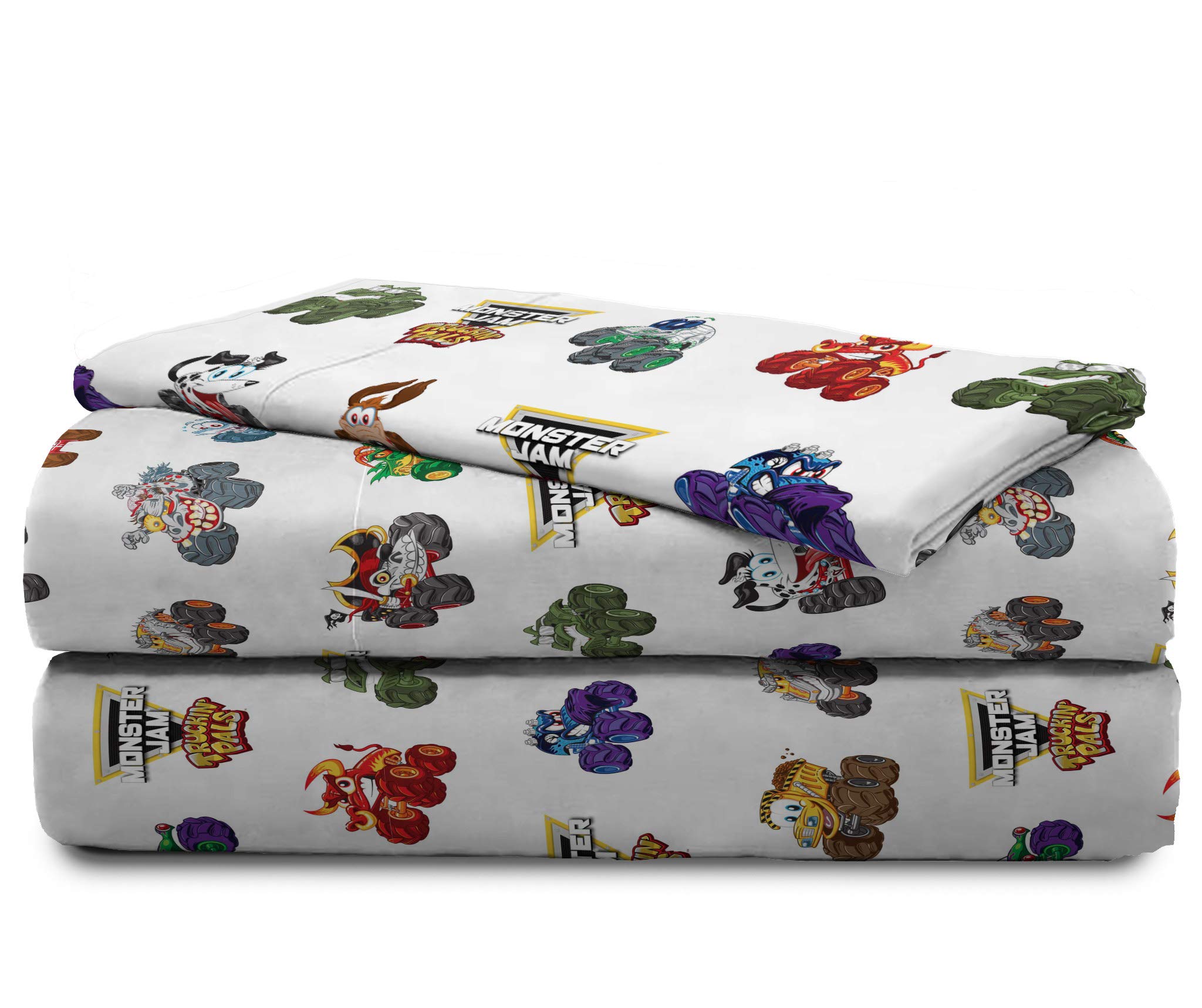 Jay Franco Monster Jam Truckin' Pals 4 Piece Toddler Bed Set - Includes Comforter & Sheet Set - Bedding Features Grave Digger & Megalodon - Super Soft Fade Resistant Microfiber