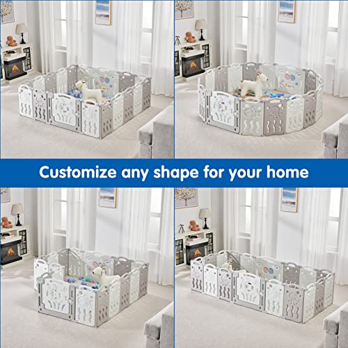 Albott Baby Playpen, Upgraded 18 Panels Foldable Baby Fence with Game Panel and Safety Gate, Adjustable Shape, Portable Baby Play Yards for Children Toddlers Indoors or Outdoors (Grey+White, 18 Panel)