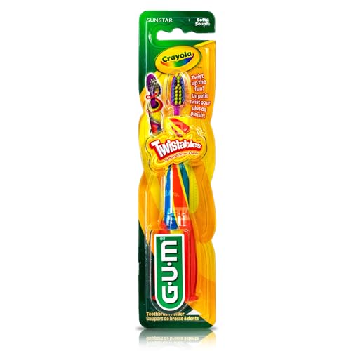 GUM Crayola Twistables Toothbrush for Kids , Soft Bristles Children & Toddler Toothbrush with Holder , For Ages 3+, 1ct (4pk)