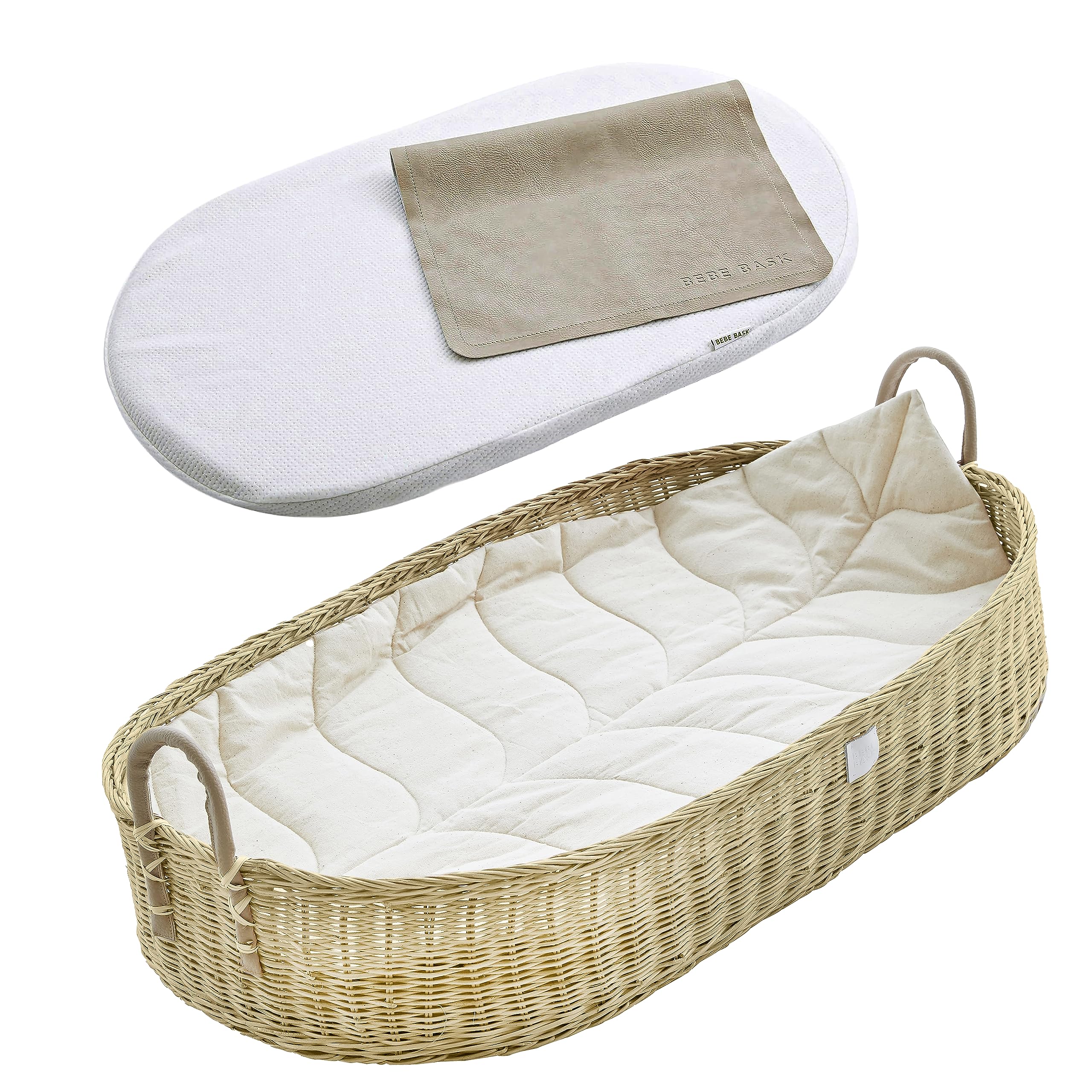 BEBE BASK Premium Baby Changing Basket - Artisan-Crafted Rattan with Extra High Sides - Wicker Changing Basket for Baby Dresser - All Accessories Included - Complete Set for Nursery (Rattan)