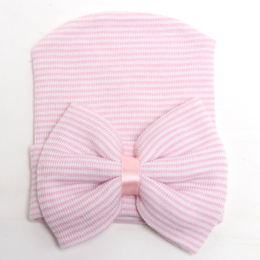 DRESHOW BQUBO 4 Pack Newborn Hospital Hat Infant Baby Hat Cap with Big Bow Soft Cute Knot Nursery Beanie