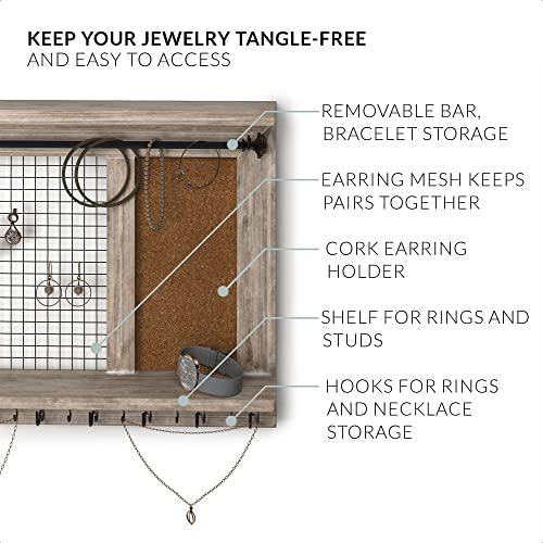 Barnyard Designs Wall Mounted Hanging Jewelry Organizer, Earring, Necklace and Bracelet Hanger with Ring Shelf, Rustic Wood Jewelry Holder Storage Display Rack, Large, Whitewashed Wood, 16.5" x 13"