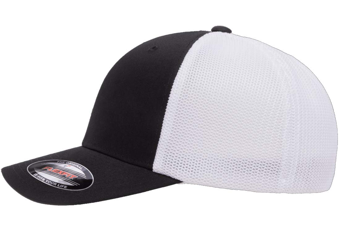 1964 Ford Mustang Hardtop Outline Design Flexfit Trucker Mesh Fitted Cap Black/White