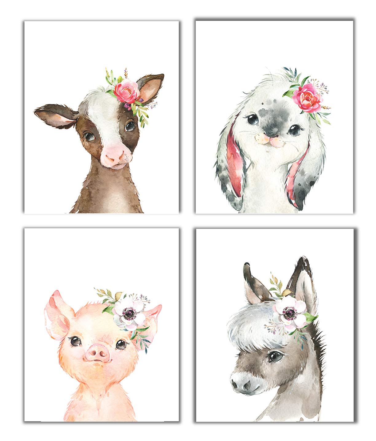 Designs by Maria Inc. Set of 4 UNFRAMED Farm animal kids nursery decor | Cute animal pictures | Animal posters safari wall decor | Farm Animal with Floral Crown Wall Art | Farmhouse Artwork (8"x10")