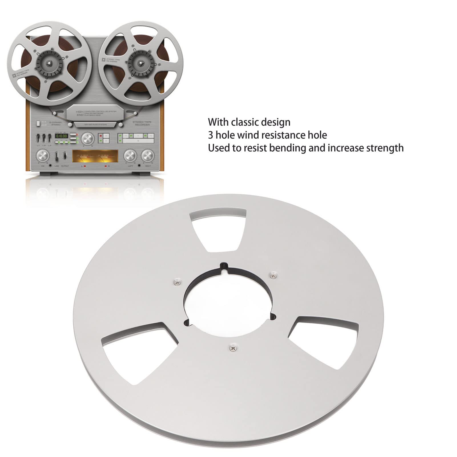 14 10 Inch Empty Tape Reel, 3 Hole Bend Resistant Recording Tape Reel Aluminum Alloy Universal for Reel Tape Recorder Accessory (Silver)
