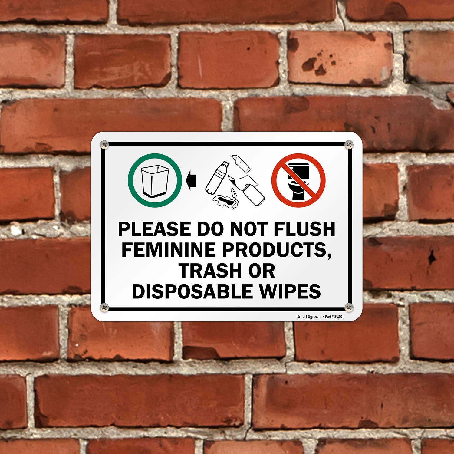 SmartSign 7 x 10 inch “Please Do Not Flush Feminine Products, Trash Or Disposable Wipes” Bathroom Etiquette Sign, 55 mil HDPE Plastic, Multicolor, Made in USA