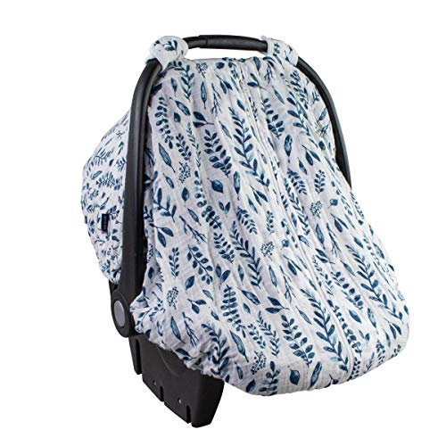Bebe au Lait Classic Muslin Car Seat Cover, Easy Snap Straps, Fully Zippered Opening - Blue Leaves