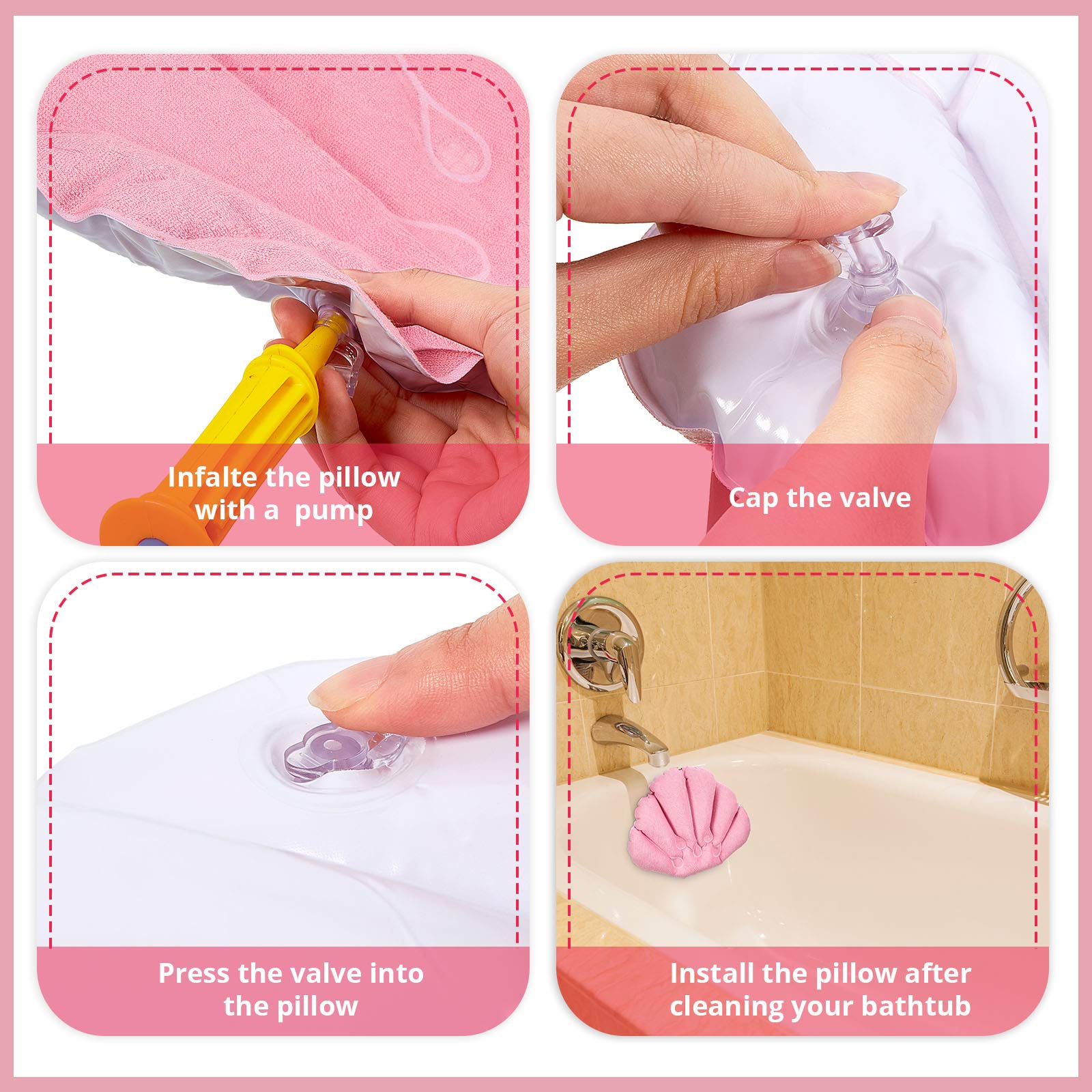 Jetec 3 Pieces Inflatable Bath Pillow with Suction Cups, Terry Cloth Covered Shell Shape Bathtub Spa Pillow Comfortable Soft Cushion, Neck Support(Pink, Blue, White)
