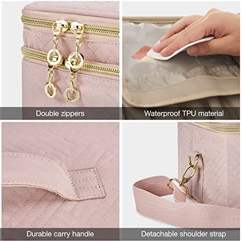 BAGSMART Medium Makeup Bag, Double Layer Large Cosmetic Makeup Organizer Travel Makeup Train Case with Shoulder Strap for Cosmetics Makeup Brushes Toiletries Travel Accessories (Pink)