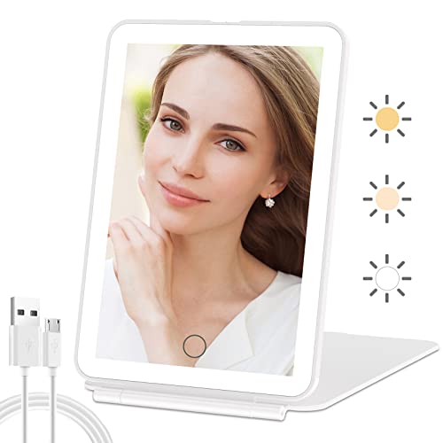 COSMIRROR Rechargeable Lighted Makeup Vanity Mirror with 3 Colors Lighting, Light Up Makeup Mirror with 72 Led Lights and Touch Sensor Dimming, Portable Tabletop Cosmetic Beauty Mirror (White)
