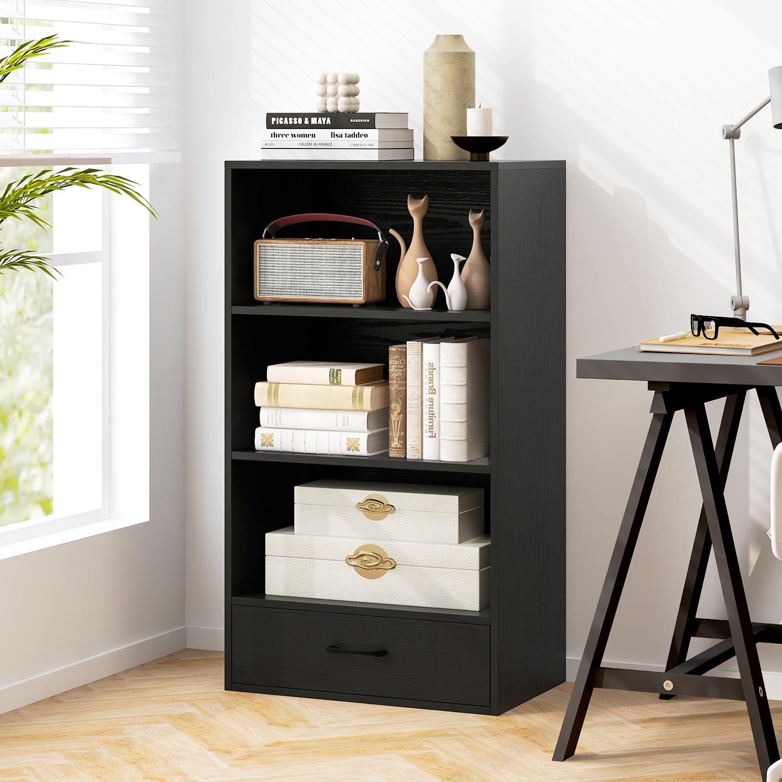 Giantex 4 Tier Bookcase with Drawer, 42.5" Tall Floor Standing Organizer Display Storage Shelves with Anti-toppling Device, Wood Open Shelf Bookshelf for Kids Room, Living Room, Study, Black