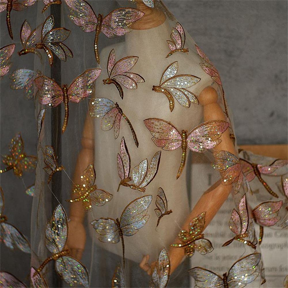 2 Yard Embroideries Tulle Mesh Sequined Fireflies Lace Fabric for Lady Dresses Costume for Table Cloth DIY Crafts Curtain Home Vintage Decor (Golden)