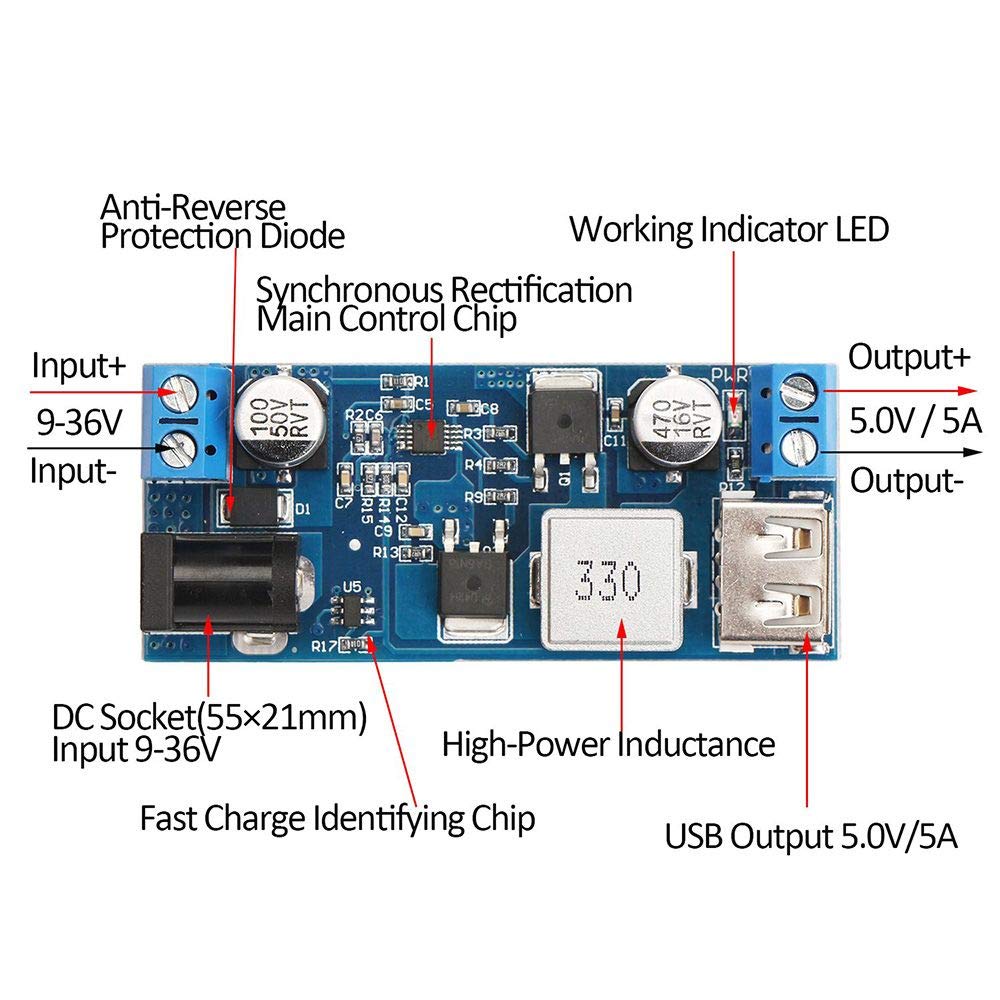 DAOKI 2Pcs 12v to 5v 5A Converter Step-Down Power Supply 24V / 12V to 5V 5A Voltage Regulator DC 9V-36V Step-Down to DC 5V-5.3V 3.5-6A Volt Transformer