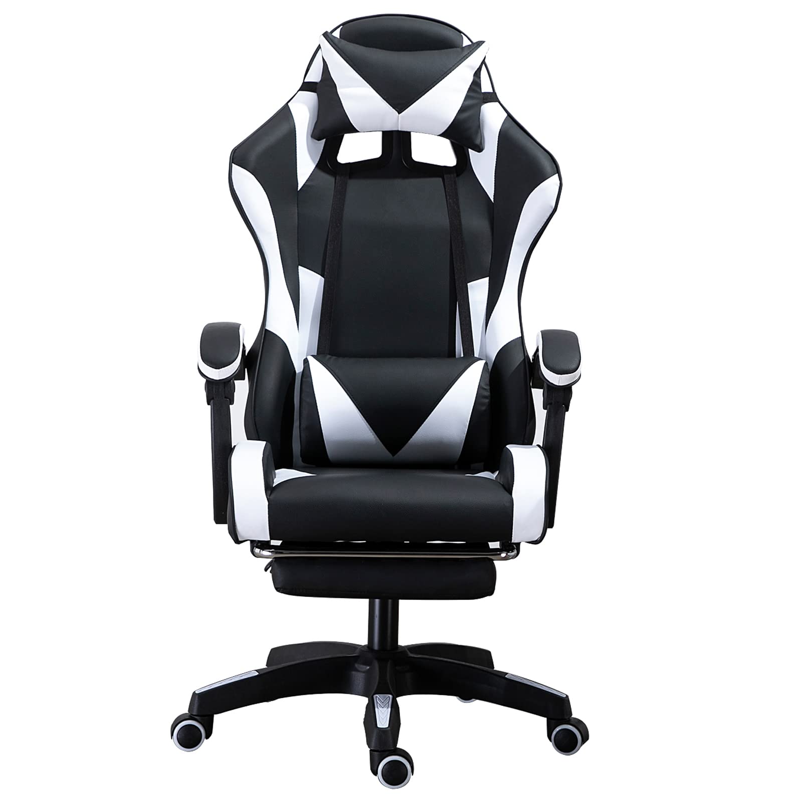 anjsindra Gaming Chair with Footrest Ergonomic Video Game Chairs Adjustable Headrest Lumbar Support High Back PU Leather Racing Style Office Computer Chair for Adults (Black+White)