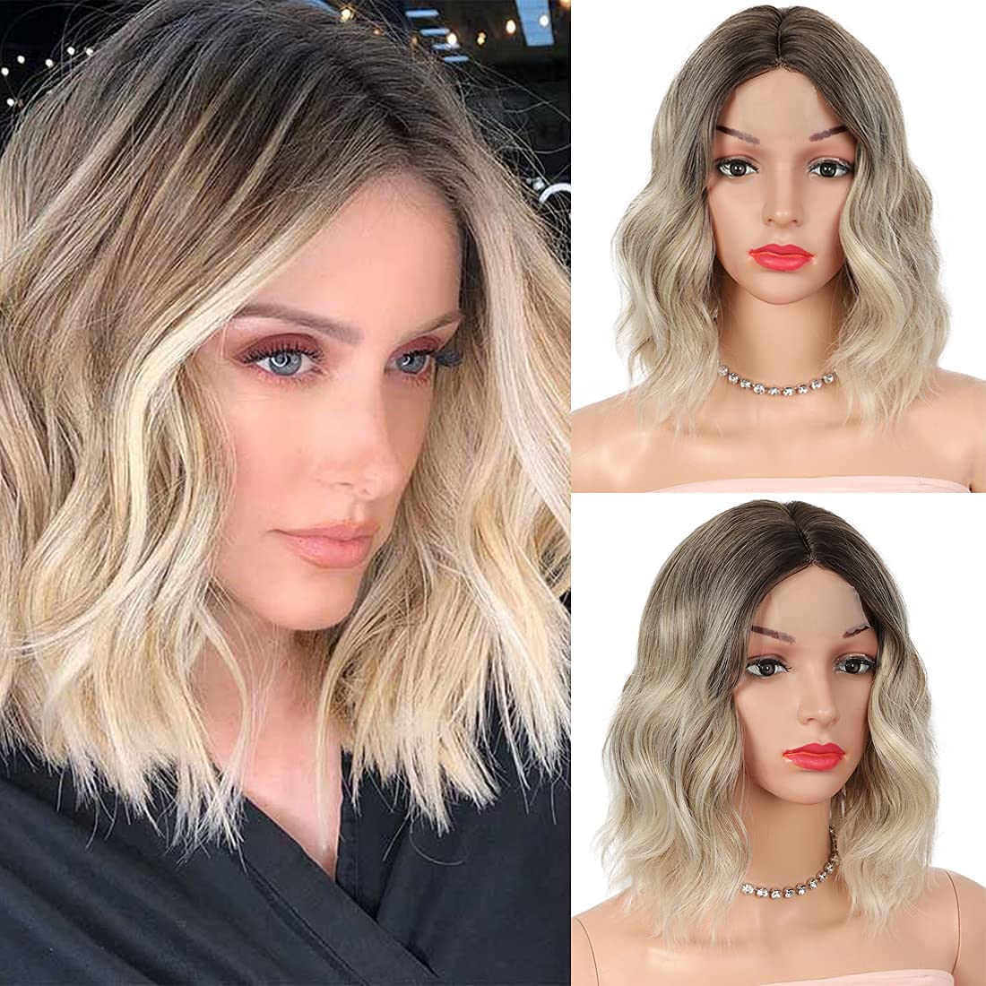 Kalyss 12" Synthetic Edge Lace Front Wigs for Women Short Wavy Bob Wig Middle Part Ombre Ash Blonde Wig for Daily Wear(12”, Ombre Ash Blonde)
