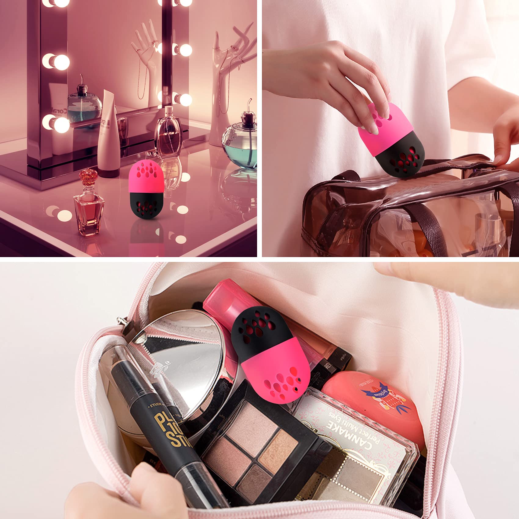 keilend Makeup Sponge Holder, Beauty Sponge Container with Cover,Reusable Protective Carrying Container,Sponge Dustproof Case for Travel, Home(Pink-Black)