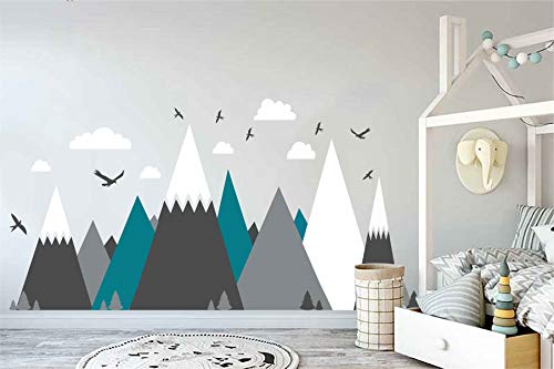 Gray Cream Mountains Wall Sticker Home Decor for Kids Room Nursery - Eagles Pine Trees Clouds Beautiful Art Murals Decal JW373 (Color 2-Teal)