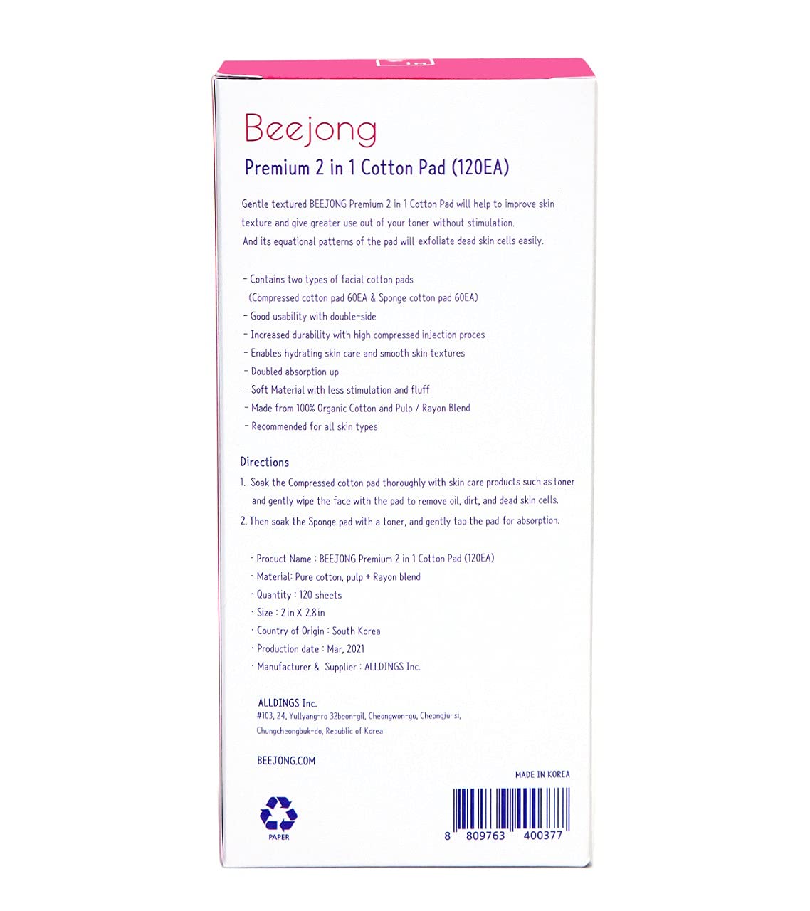 Beejong [120EA] Premium 2 in 1 Facial Cleansing Square Cotton Pads - Two Types of Face Wipes Cotton Pads for Toner, Makeup Remover | Compressed 60EA & Sponge 60EA | Made in Korea (1 Pack)