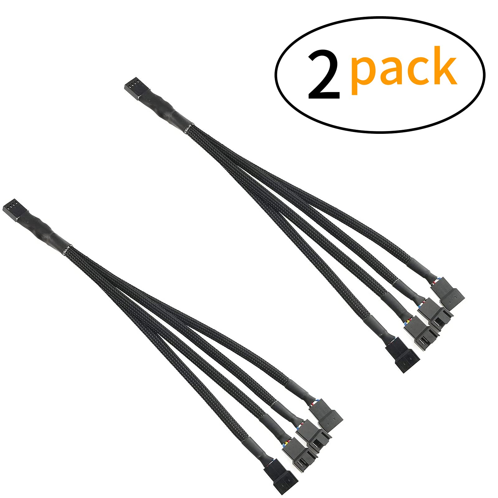 novonest PWM Fan Splitter, 1 to 4 Cable Sleeved Braided Y Splitter,Fan Extension Cable(2 Packs) with 4-pin Adapter, Suitable for All 3-pin and 4-pin Pc Fans,FH-4