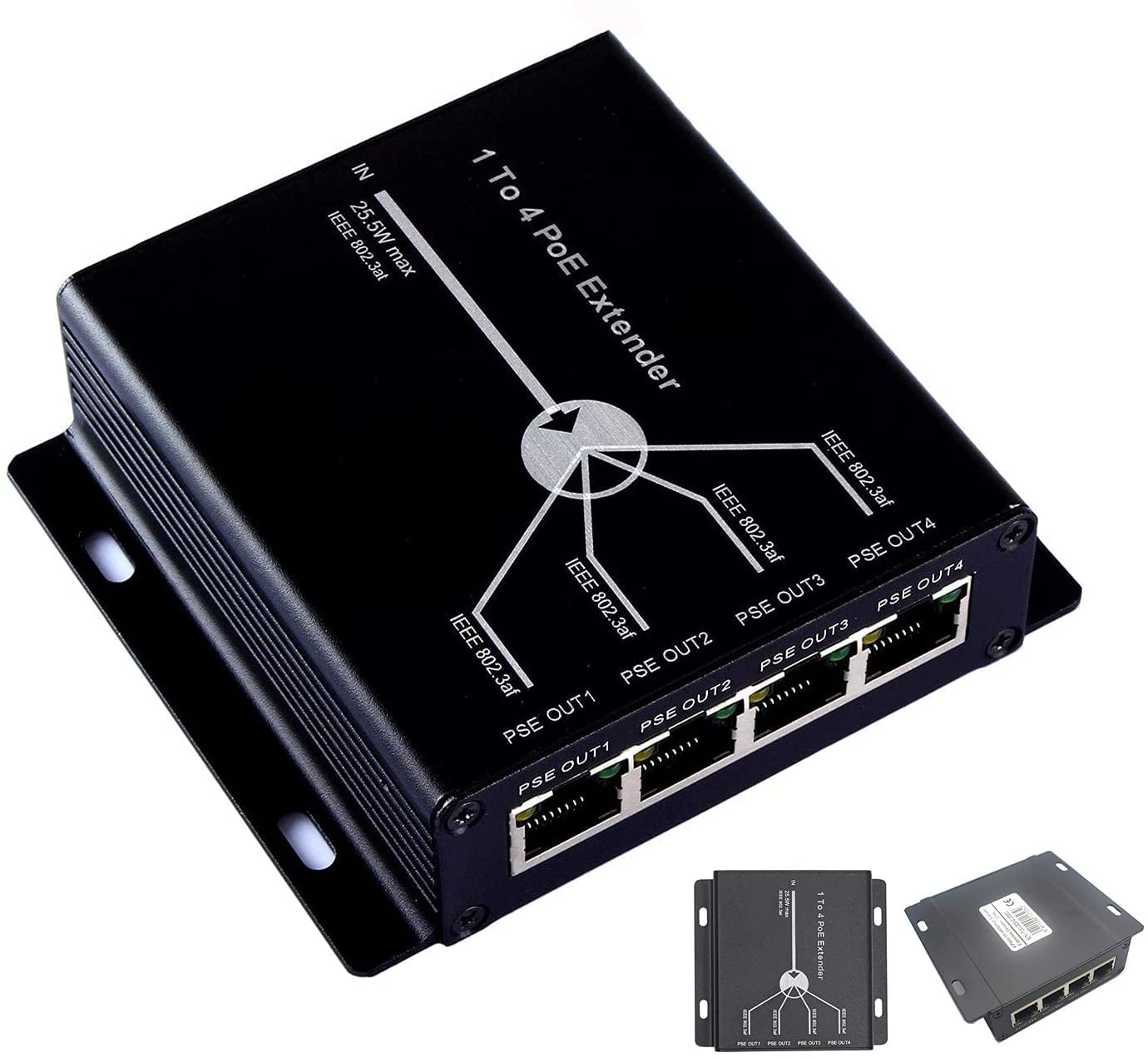BeElion PoE Extender Ethernet Repeater 10/100Mbps, 1In/4Out 10/100BASE-TX IEEE802.3at (Power-in) to IEEE802.3af (Power-Out) PoE Extender for Ethernet/PoE Power, IP Camera,Other Network