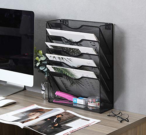 EasyPAG Mesh Wall Hanging File Organizer Holder 5 Tier Vertical Pocket Magzine Rack with Tray | Sides Closed ,Black