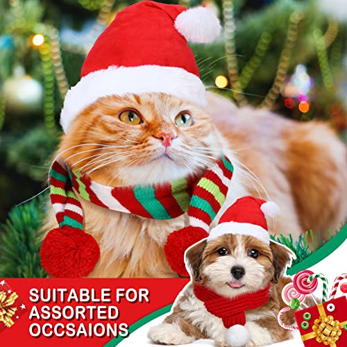 6 Pieces Christmas Dog Santa Hat and Scarf Include 3 Adjustable Christmas Cat Hat and 3 Pet Knit Red Scarf with White Pompom Ball Striped Scarf Winter Pet Accessory for Small Medium Large Dog