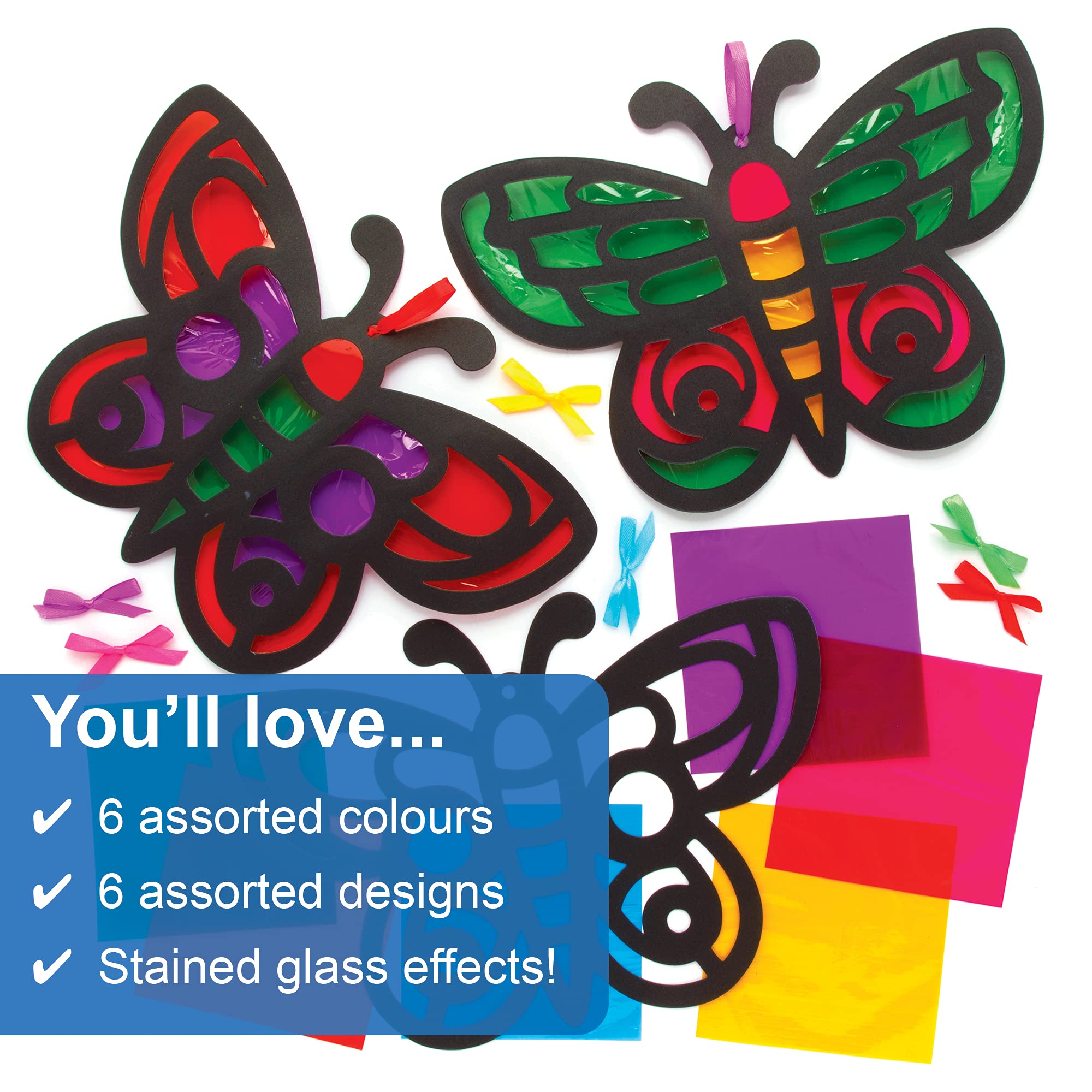 Baker Ross FE154 Butterfly Stained Glass Craft Kits - Pack of 6, Arts and Crafts for Kids to Decorate and Display, Make Your Own Decorations