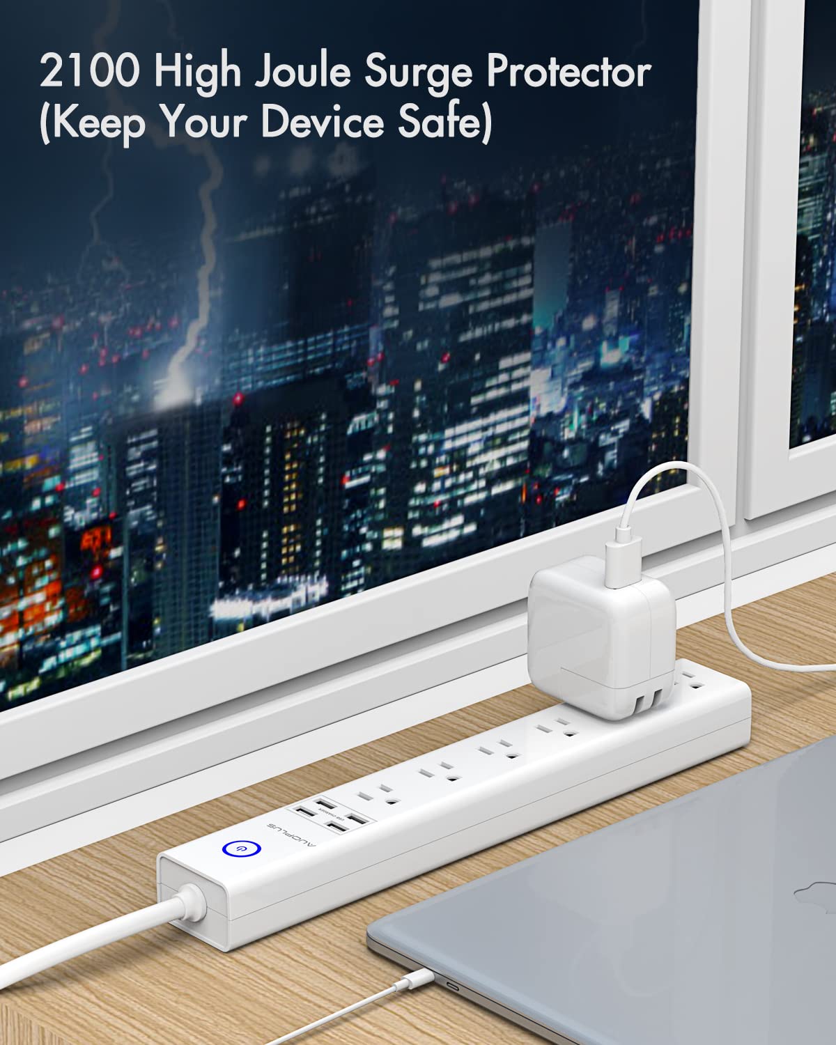 2 Pack Power Strip Surge Protector Flat Plug - 6 Widely Spaced Outlets 4 USB Charging Ports, 2100J/10A with 6Ft Long Extension Cord, Overload Surge Protection, Wall Mount for Home Office