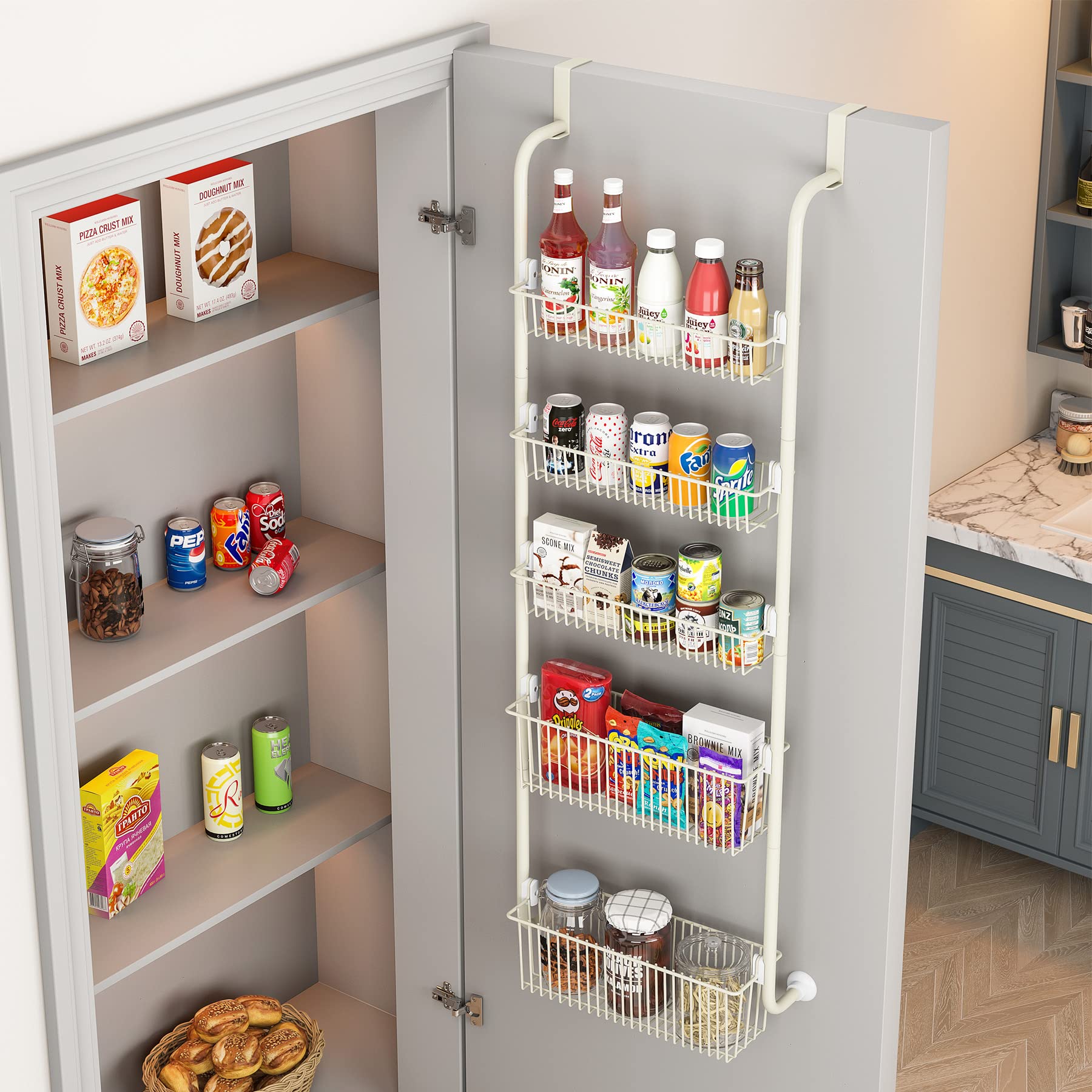 1Easylife 4 Baskets Pantry Door Organization and Storage, Heavy-Duty Metal Kitchen Spice Rack Over Door Can Organizer (2x4.72+2x5.9 Width Baskets, Bronze)