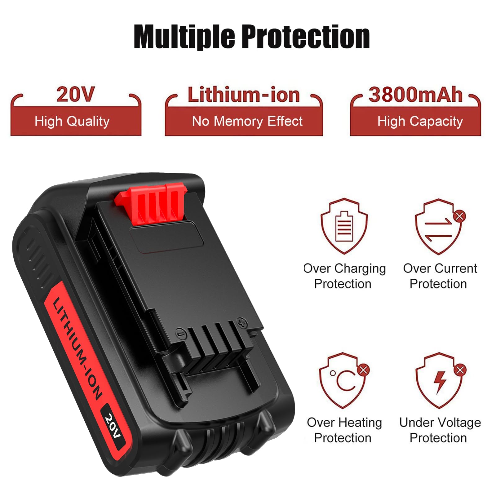 2Pack 20 Volt 3800mAh Replacement for Black and Decker 20V Battery Lithium MAX LBXR20 LB20 LBX20