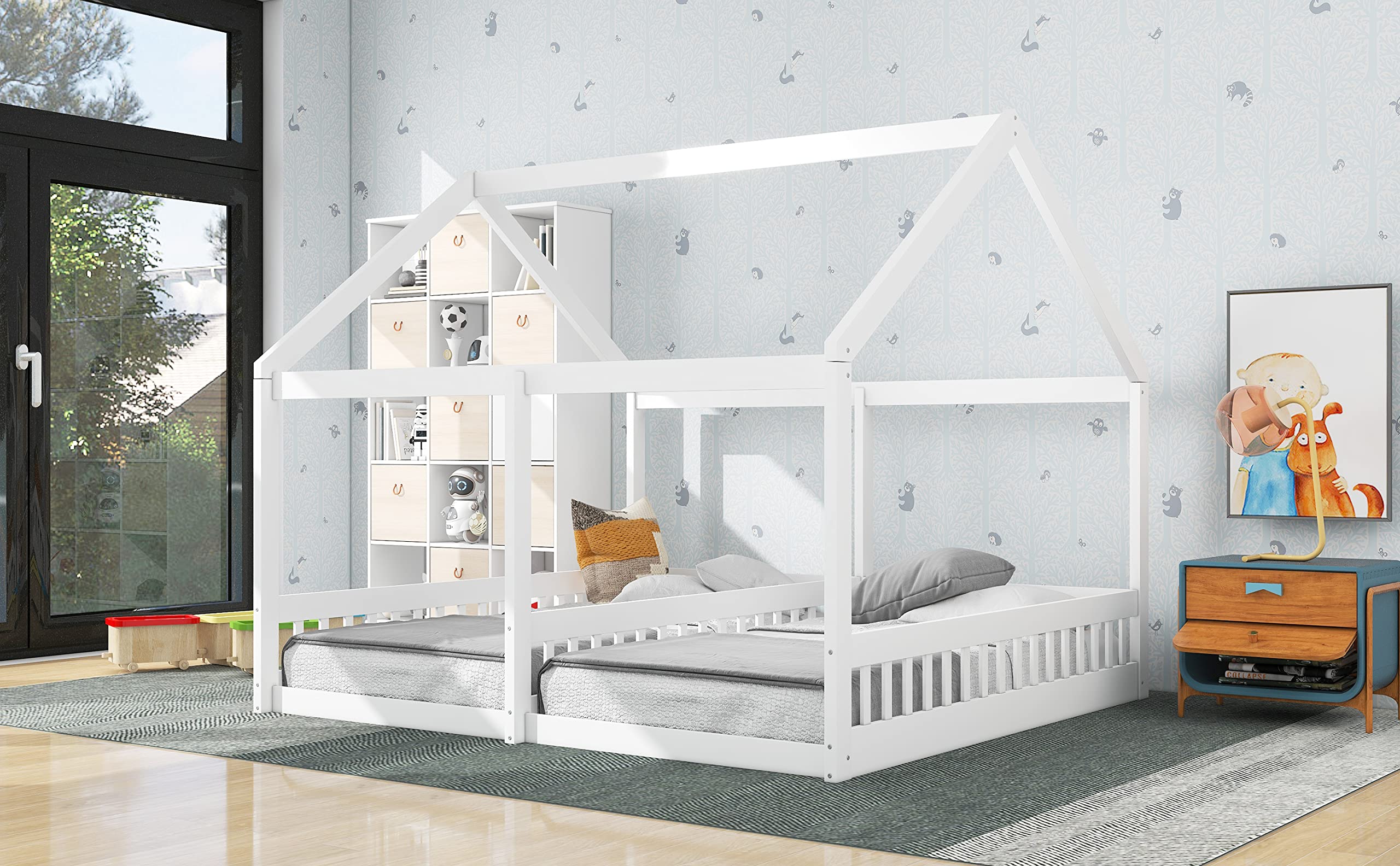 CKLMMC Twin Size House Platform Beds,Two Shared Beds, Wooden Bed Frame with Roof and Window, Bedroom Furniture, Can be Decorated Tent (White#Shared Bed)