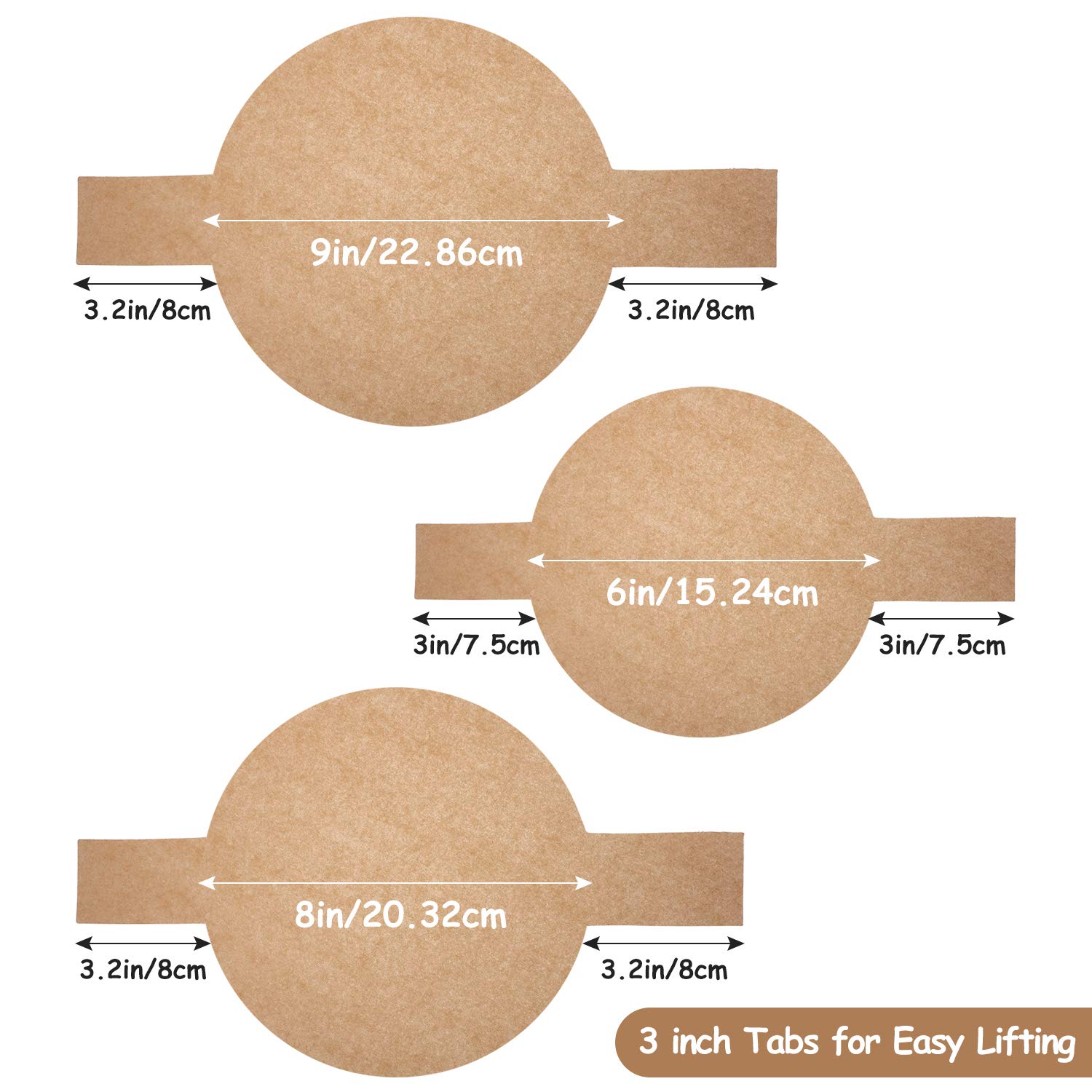 120 Pieces Precut Circle Cake Pan Liners Round Parchment Paper Non-stick Parchment Paper with Lift Tabs for Baking (Brown)
