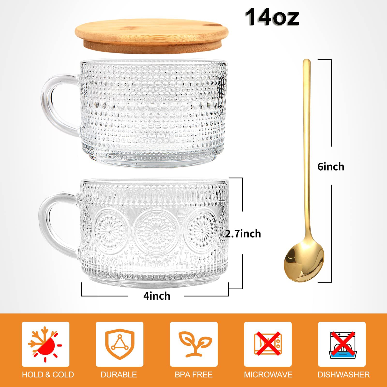 6 Set 14oz Vintage Glass Coffee Mugs with Bamboo Lids and Spoon Clear Embossed Glassware with Handle Glass Coffee Tea Cups for Cappuccino Latte Cereal Yogurt Beverage (6PCS(3*sunflower 3*raindrops))