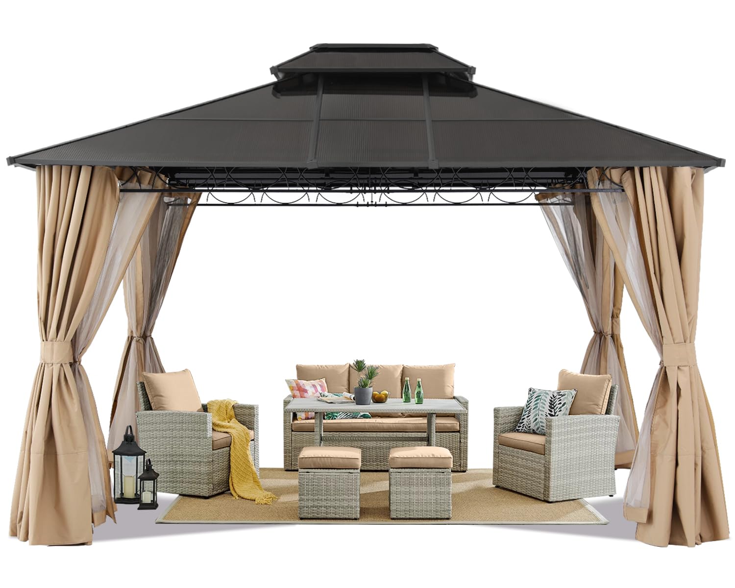 10x12 Double Roof Hardtop Patio Gazebo with Curtains and Netting by ABCCANOPY