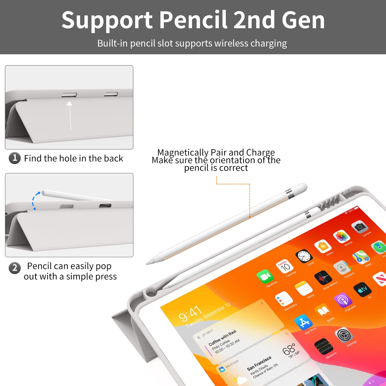 Aoub Case for iPad 9th/8th/7th Generation 10.2 inch, Auto Sleep/Wake Slim Lightweight Trifold Stand Smart Cover, Soft TPU Back Case with Pencil Holder for iPad 10.2 2021/2020/2019, Grey