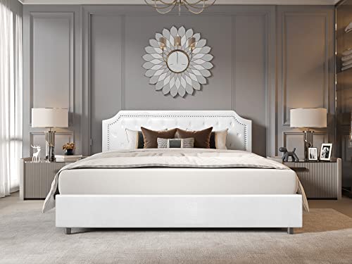 BONSOIR Queen Size Storage Bed Frame Upholstered Low Profile Traditional Platform with Tufted and Nail Headboard/4 Pull Out Drawers/White Faux Leather