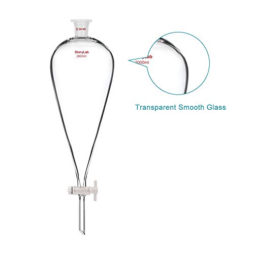 StonyLab Borosilicate Glass 2000 ml Heavy Wall Conical Separatory Funnel with 24/40 Joints and PTFE Stopcock, 2 L (2 Liter)